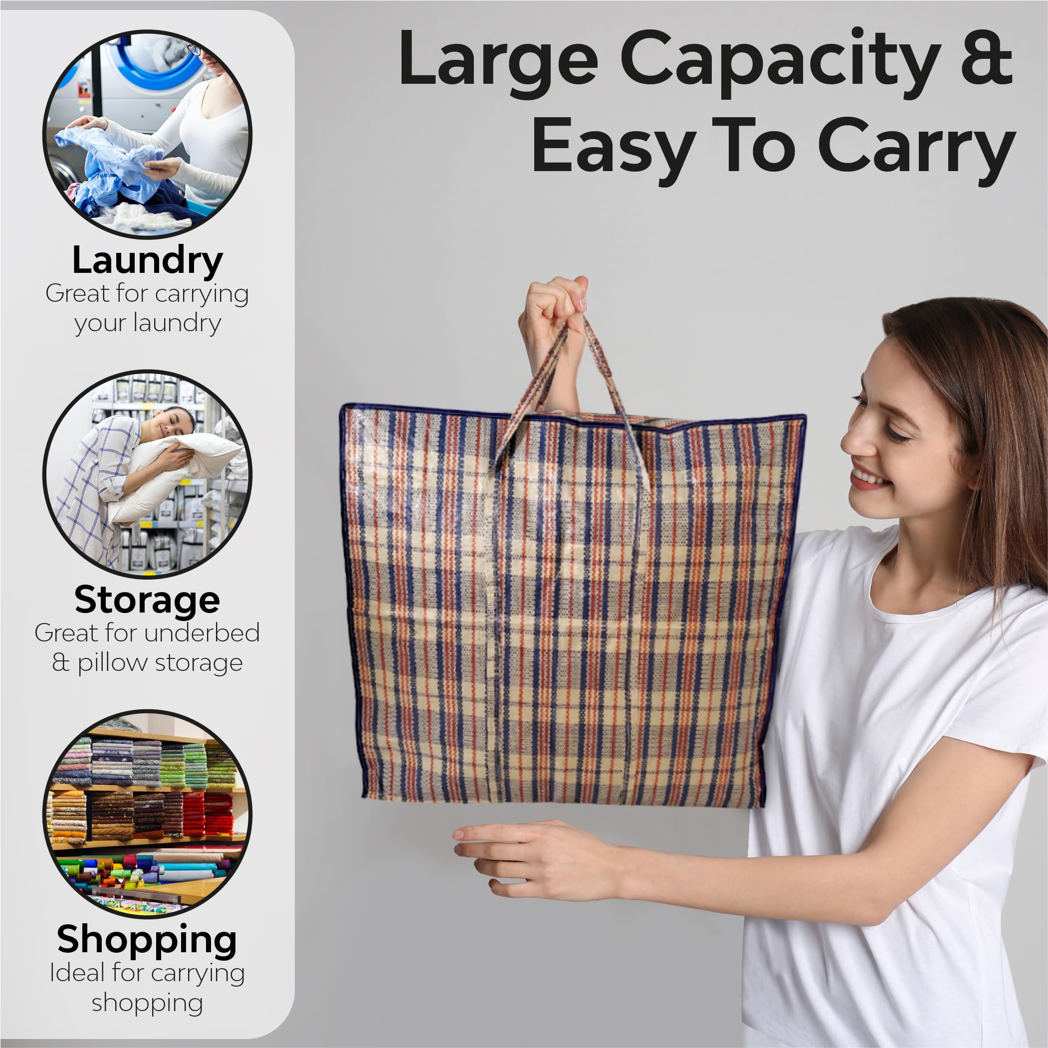 Set of Two Extra Large 23 Inch X 23 Inch X 7 Inch Plaid Storage Laundry Reusable Lightweight Organizing Bag with Zippers and Handles