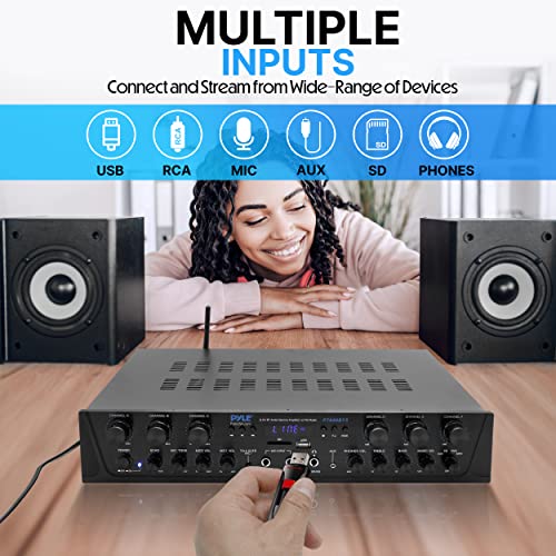 Pyle Wireless Home Audio Amplifier System - Bluetooth Compatible Sound Stereo Receiver Amp - 6 Channel 600 Watt Power, Digital LCD, Headphone Jack, 1/4'' Microphone IN USB SD AUX RCA FM Radio