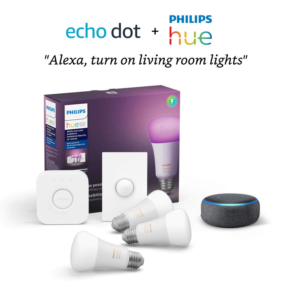 Philips Hue White & Color LED Smart Button Starter Kit bundle with Echo Dot (3rd Gen) Charcoal