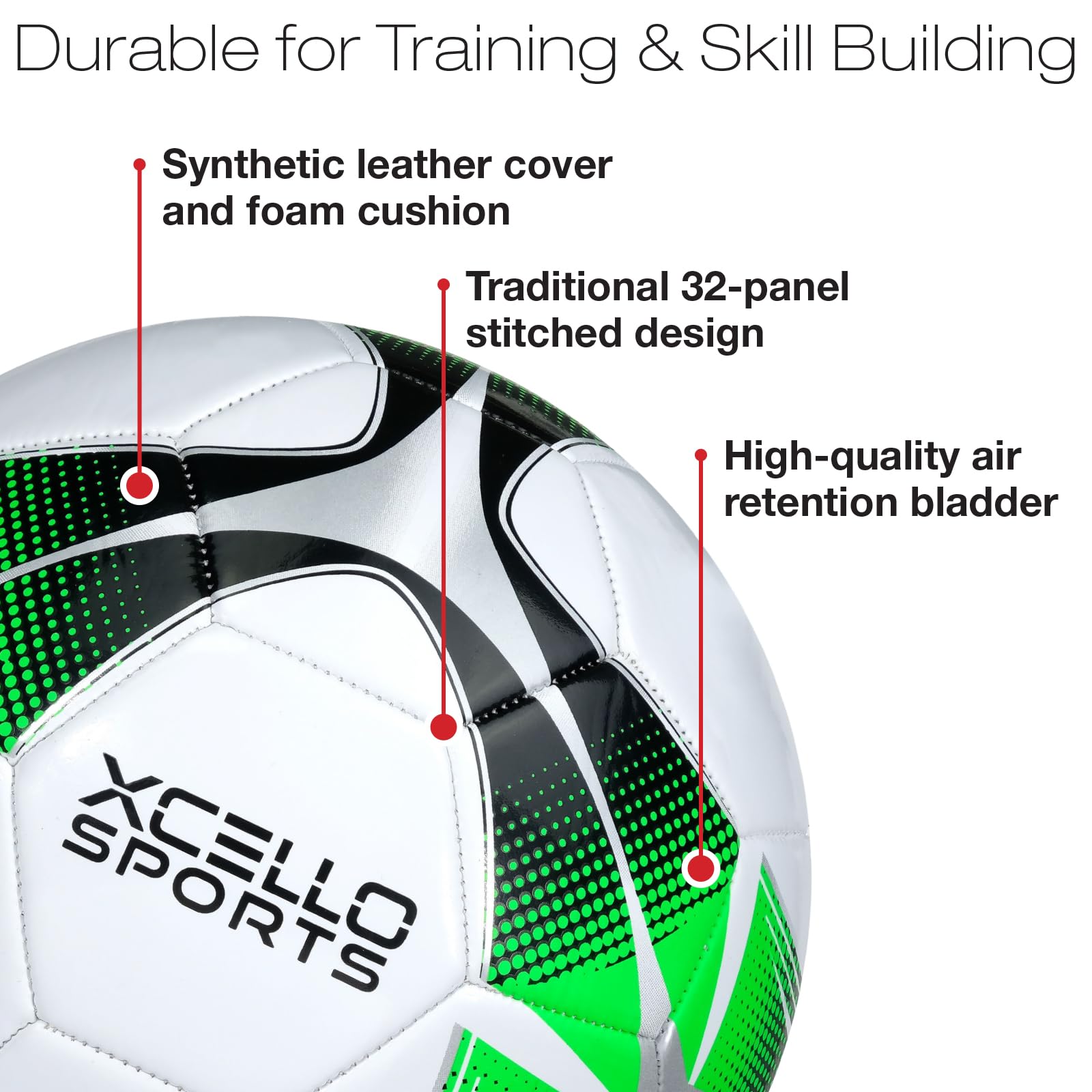 Xcello Sports Soccer Ball (Black/Green/Silver, White/Green/Silver) w/Pump (Size 5, Pack of 6)