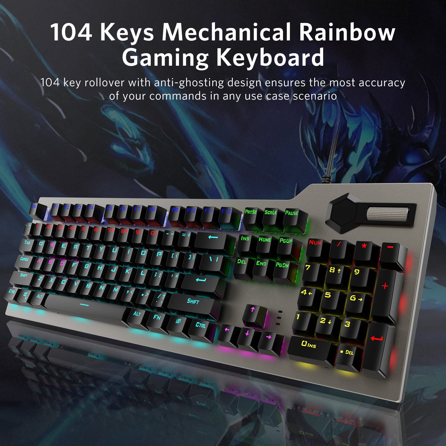 TEWELL Mechanical Gaming Keyboard, Wired RGB Rainbow Backlit Keyboard with Blue Switches, Ergonomic Standard Keyboard for Desktop, Computer, PC