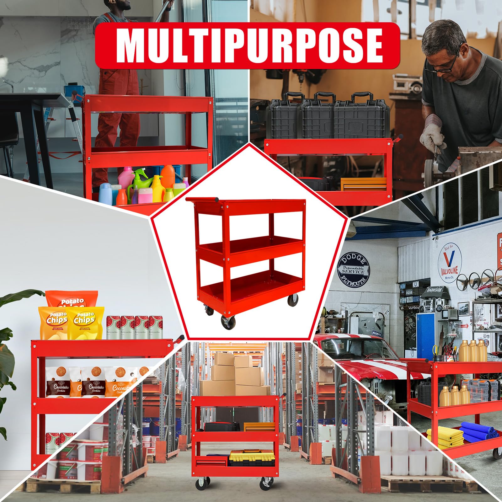 Torin Heavy Duty Utility Cart with 3 Shelf Tiers, Rolling Tool Cart on Wheels, 400lbs Load Capacity, for Garage Warehouse Workshop, APTC302B, Red