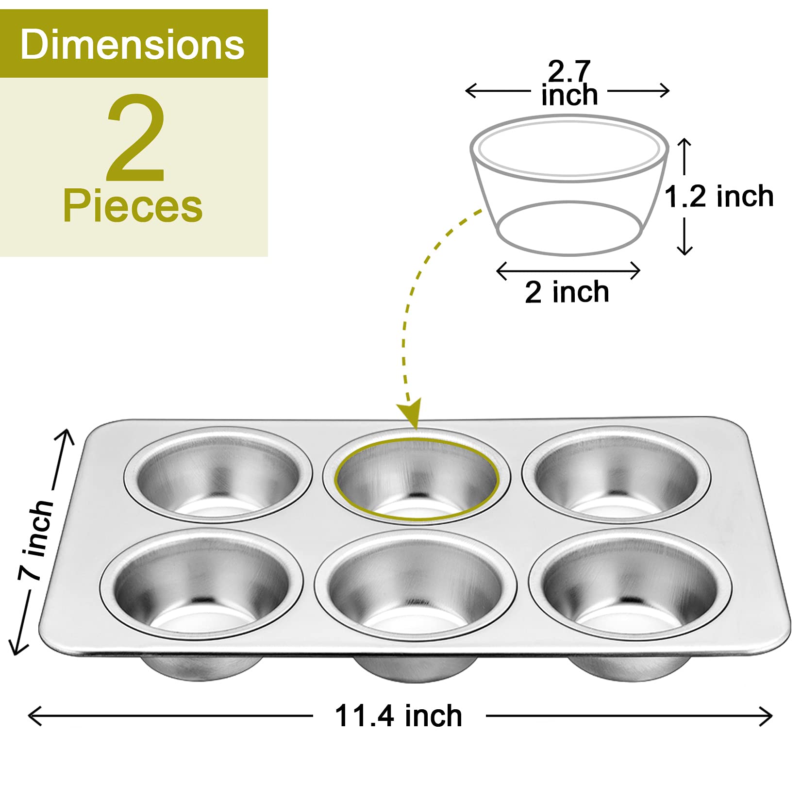 P&P CHEF Muffin Pan Cupcake Pans Set of 2, Stainless Steel Muffin Pans (6-Cups), For Mini Brownie Tart Quiches, Healthy & Durable, Quick Release & Easy Clean, Dishwasher Safe
