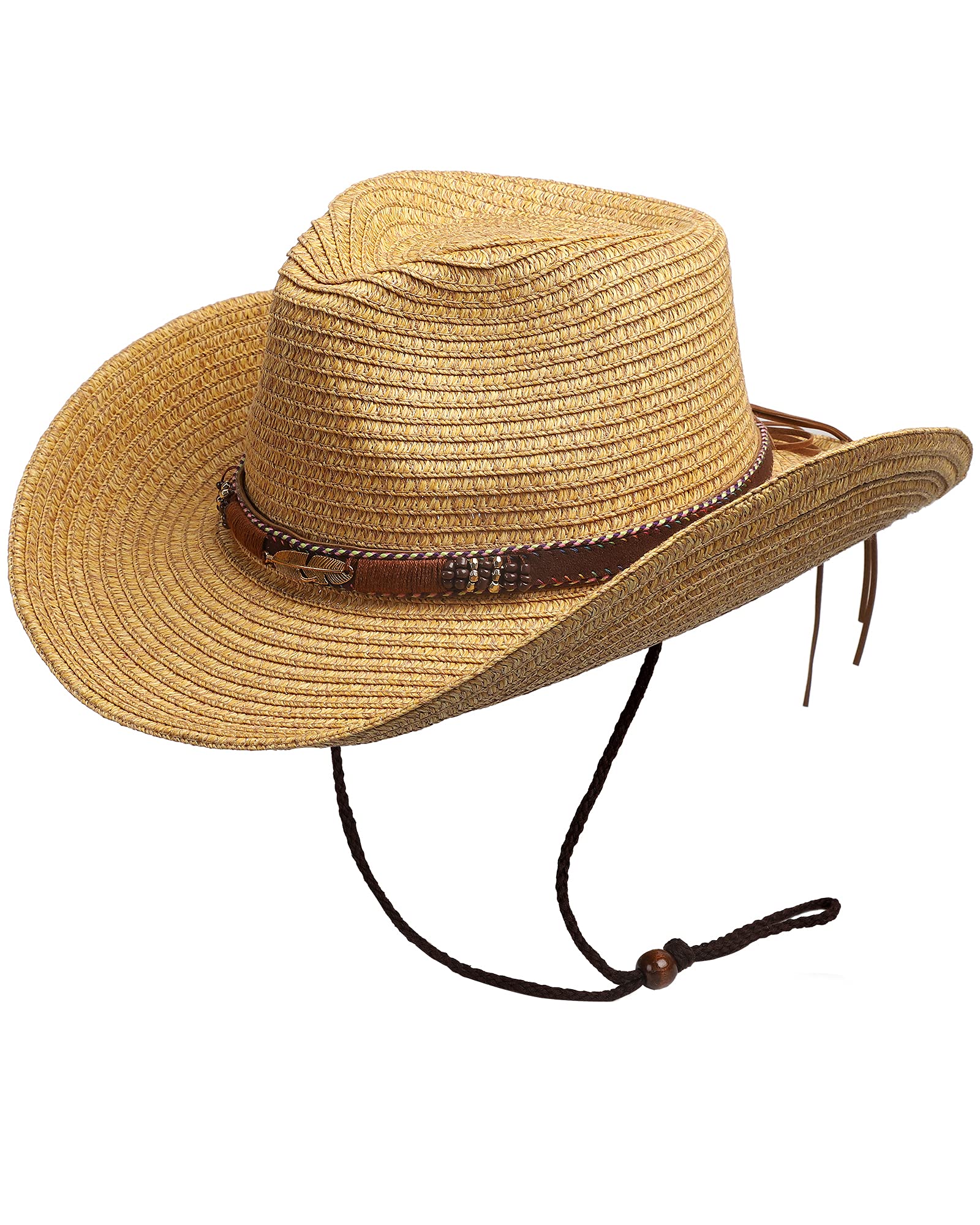 Women Straw Sun Hat Mens Cowboy Western Hat Garden UPF 50+ Shapeable Wide Brim Summer Hat Khaki