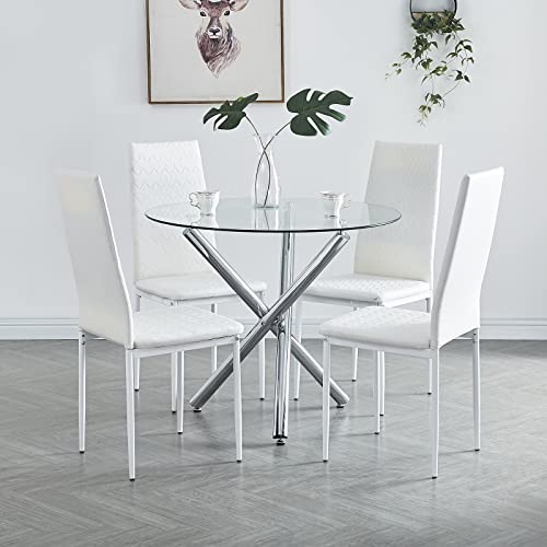 Paonne Round Dining Table Set for 4, Glass Round Kitchen Table and Chairs for 4, 5-Pieces Table with Chair Set (8024 with 002 Table)