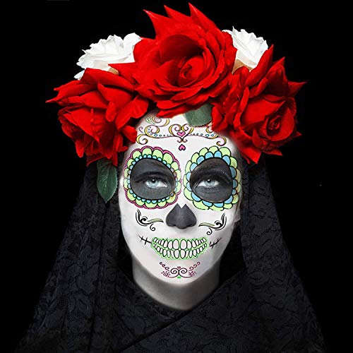 Temporary Face Tattoos, 6 sheets Day of the Dead Decorations Glow in The Dark,Sugar Skull Stickers Halloween Makeup for Men and Women (Face Tattoos)