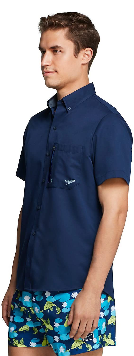 Speedo Mens UV Swim Shirt Hybrid Button Down (Large, Peacoat)