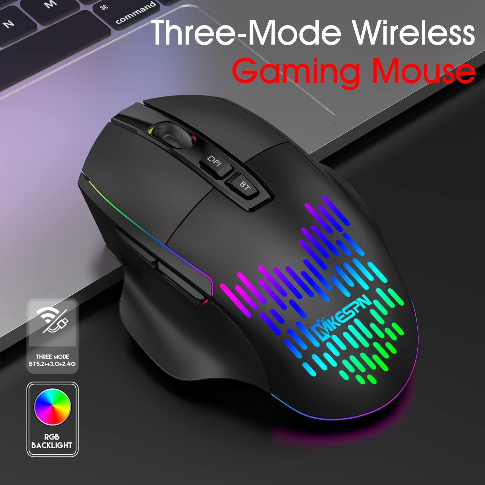 VEGCOO Wireless Gaming Mouse, Silent Rechargeable Wireless Mouse with Colorful LED Lights, 2400 DPI Adjustable Computer Mice with 7 Buttons, Bluetooth Mouse with Thumb Rest for Laptop/PC (C27 Black)