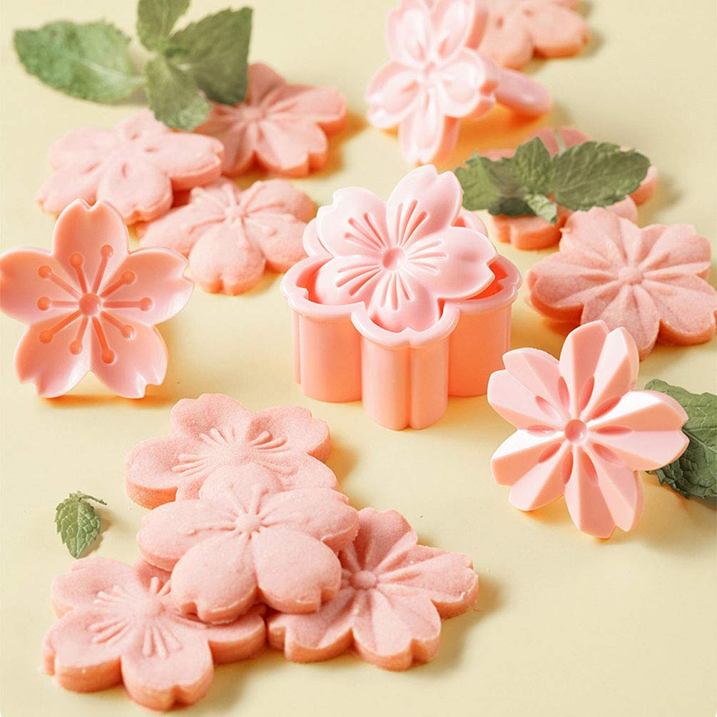 Goeielewe Pastry/Cookie/Fondant Stamper, 2-Inch Press Cookies Mold with 4 Stamps Pink Cherry Blossom Shape Flower Hand Pressure Pastry Tool Fondant Cutters Set for Baking