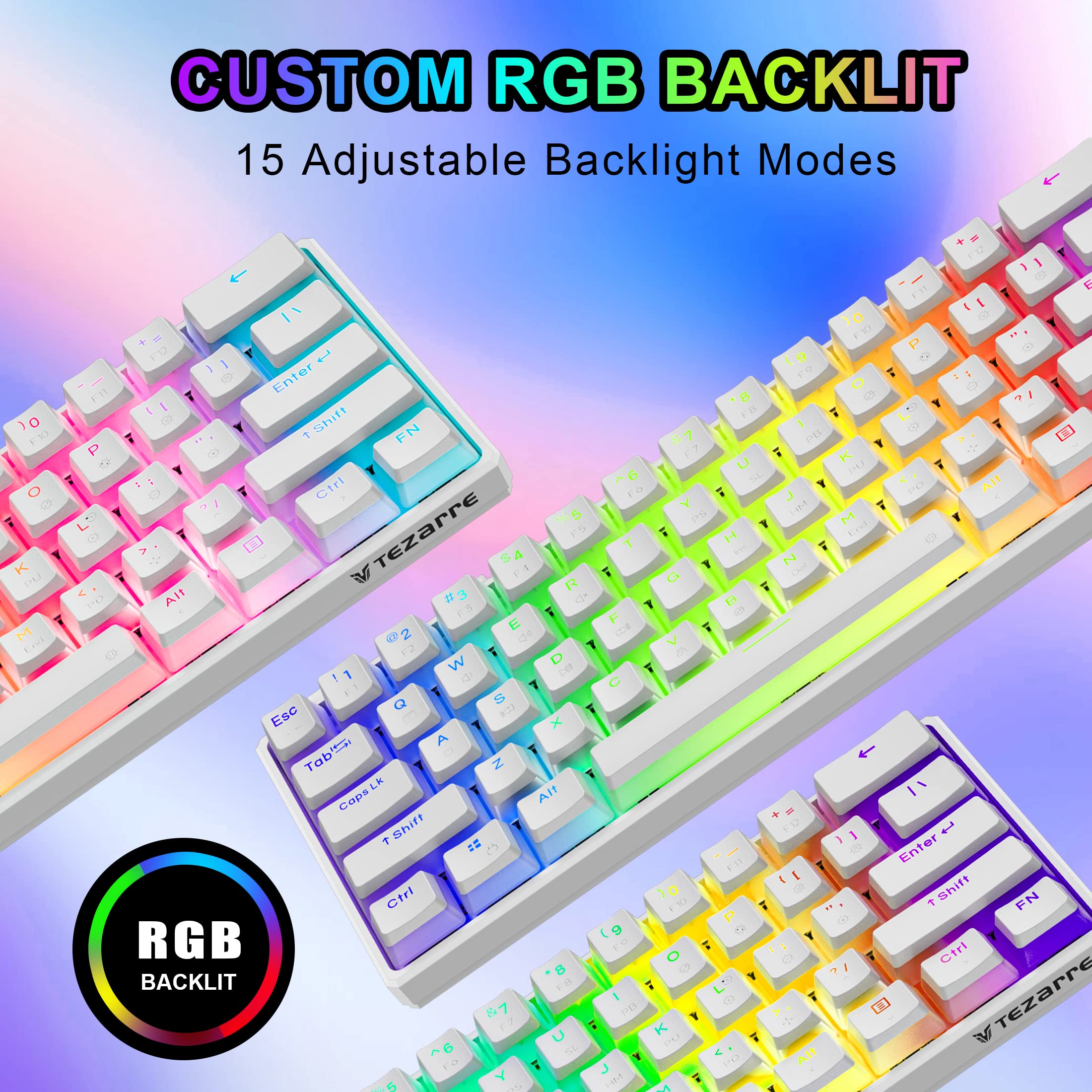 Tezarre RGB Backlit 60% Mechanical Gaming Keyboard, Mini Compact 61 Keys Wired Office PC Keyboard with with PBT Pudding Keycaps,Fully Programmable