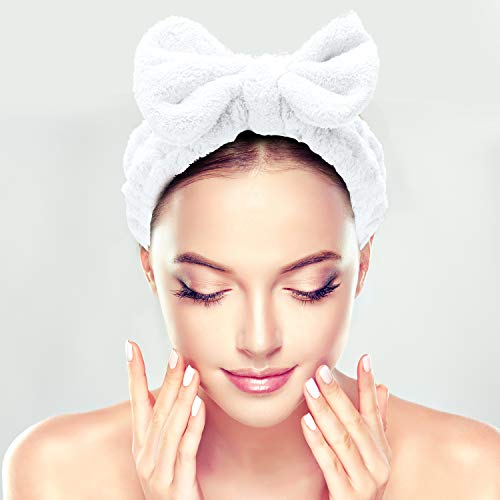 Senkary 4 Pack Bow Makeup Headband Microfiber Spa Headbands Towel Headband Soft Puffy Washing Face Headband for Women Girls Shower Bath Skincare (White, Blue, Black, Dark Grey)