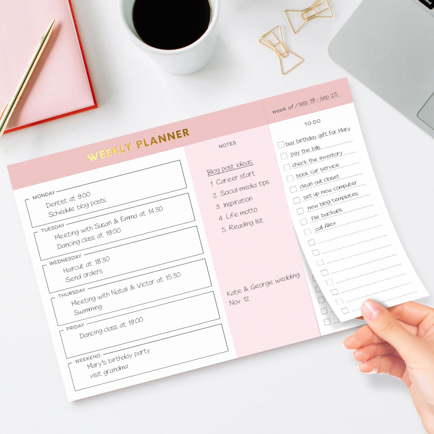 Sweetzer & Orange Weekly To Do List Pad. Pink Gold Weekly Planner Notepad with Daily Planner Agenda Squares. 7x10” Day Planner 2024 2025 - Student Planner, Work Planner and Checklist Note Pad.
