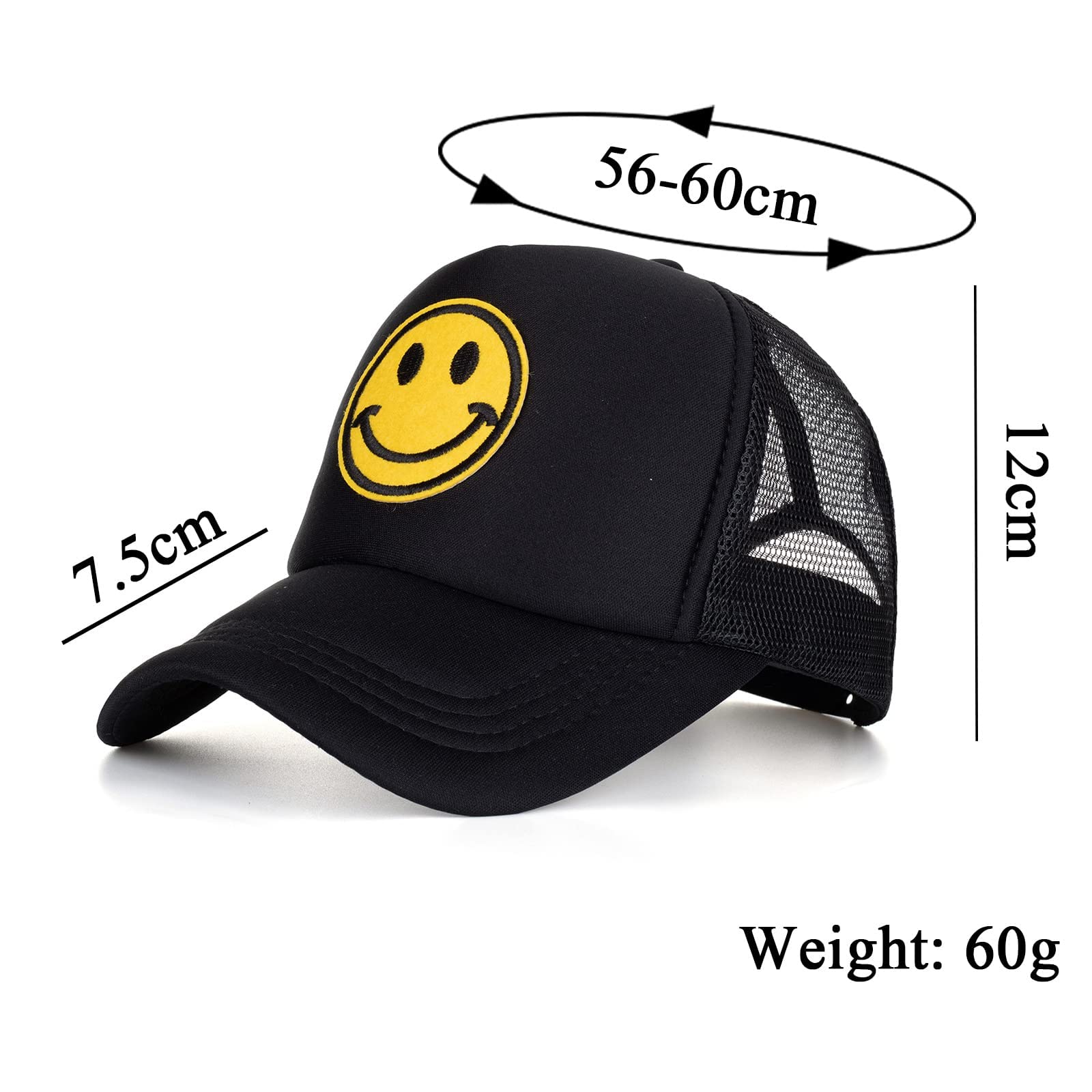 Smiley Face Hat Embroidered High Crown Foam Mesh Adjustable Snapback Trucker Cap for Men and Women (as1, Alpha, one_Size, Black2)