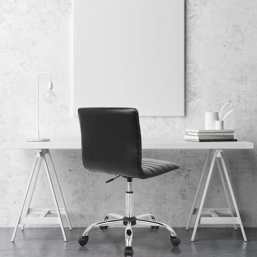 RIMIKING Mid Back Armless Leather Vanity Chair Computer Chair Task Chair Desk Chair Swivel Home Office Chair, Adjustable Height, White