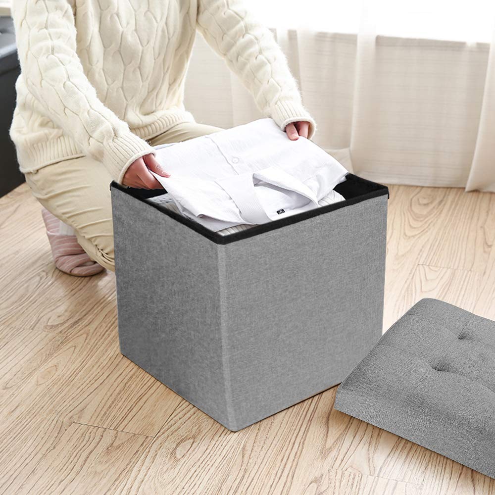 TOUCH-RICH Folding Cube Storage Ottoman with Padded Seat Linen Fabric Footrest Memory Foam 15” x 15” x 15”-2 Packs(Light Grey)