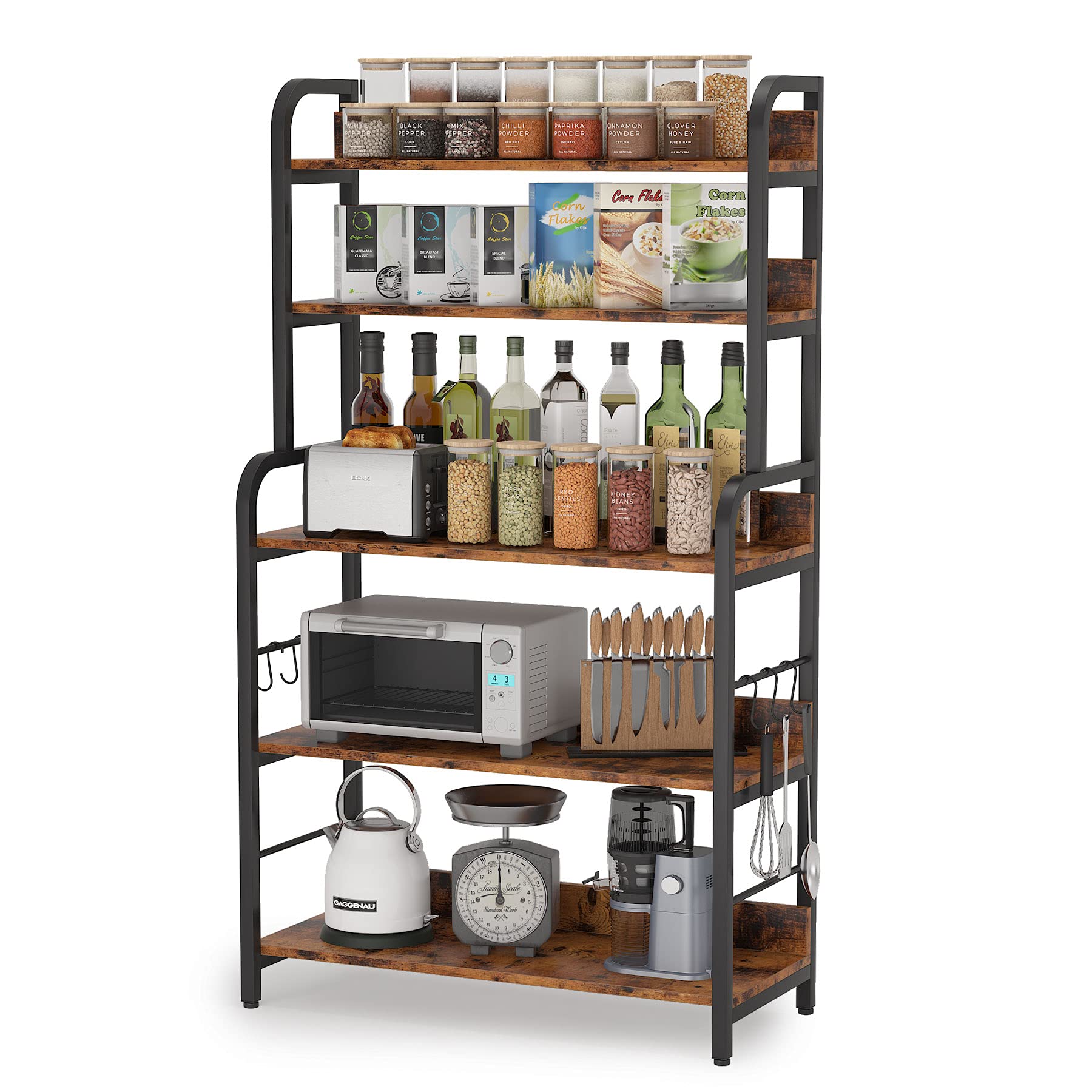 Tribesigns Industrial Kitchen Baker’s Rack with 6 Hooks, 5-Tier Utility Cart Storage Shelf, Microwave Oven Stand Rack, Floor Standing Spice Rack Organizer Workstation, Brown