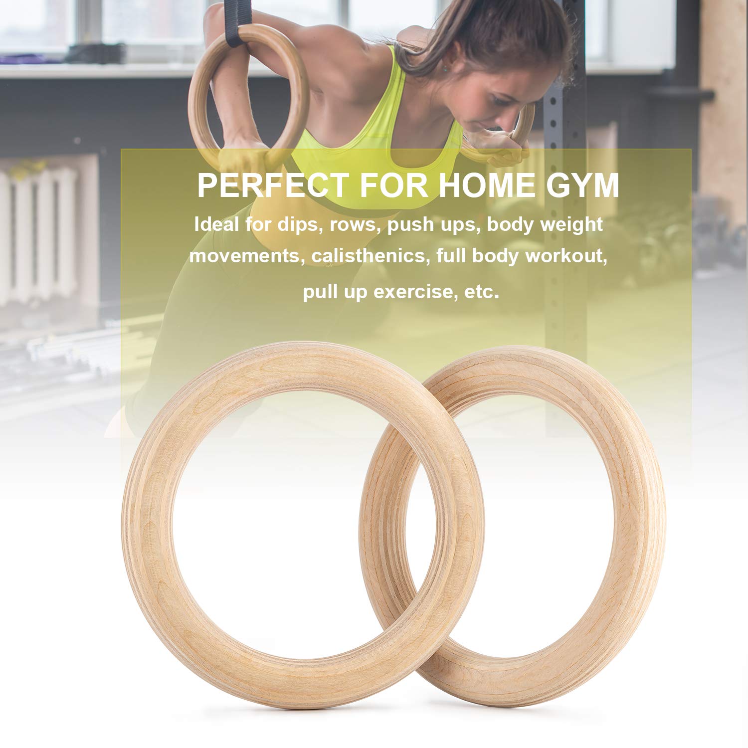 PACEARTH Wood Gymnastics Rings 992lbs for Home Gym Body Workout Non-Slip (Rings Only)