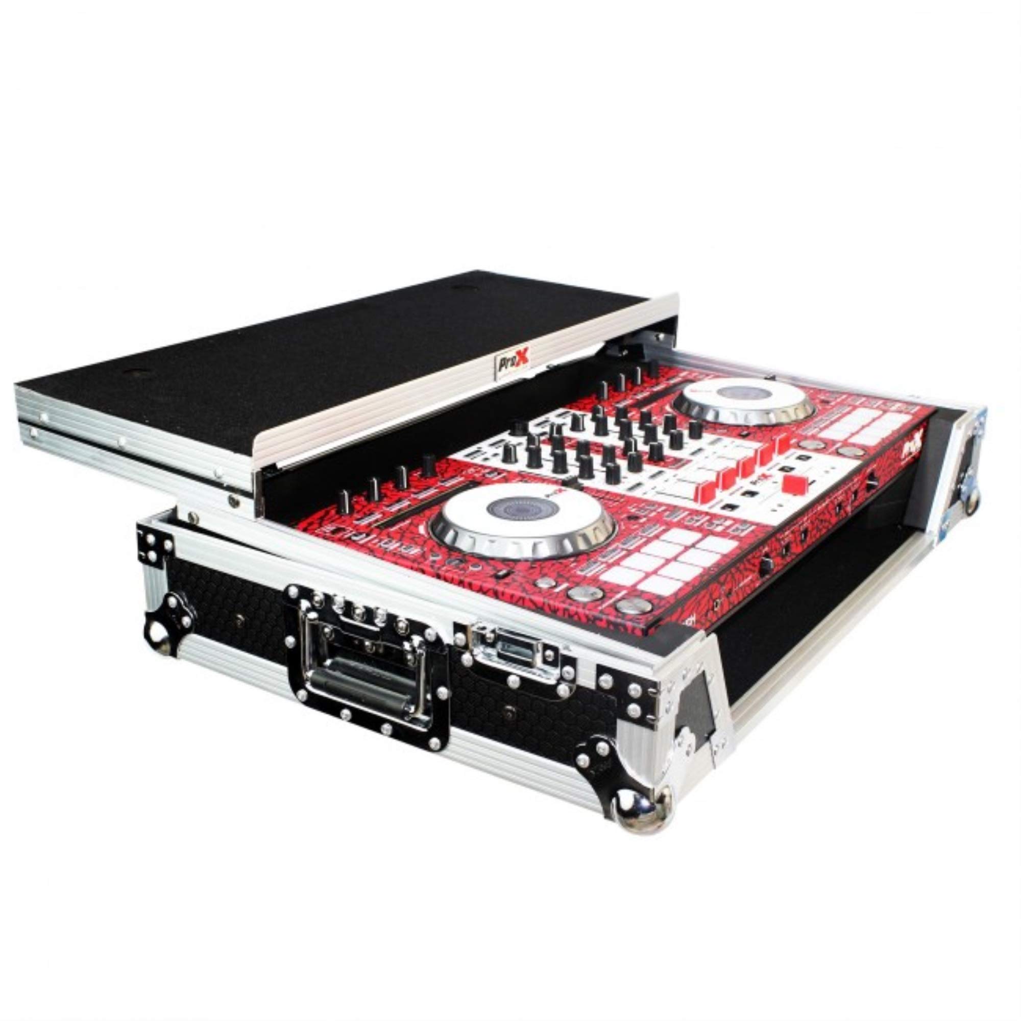ProX Flight Case for Pioneer DJ DDJ-SX,RX & Denon MCX7000 With Sliding Laptop Shelf, LED Lights and Wheels - Silver on Black Design - XS-DDJSX WLT LED
