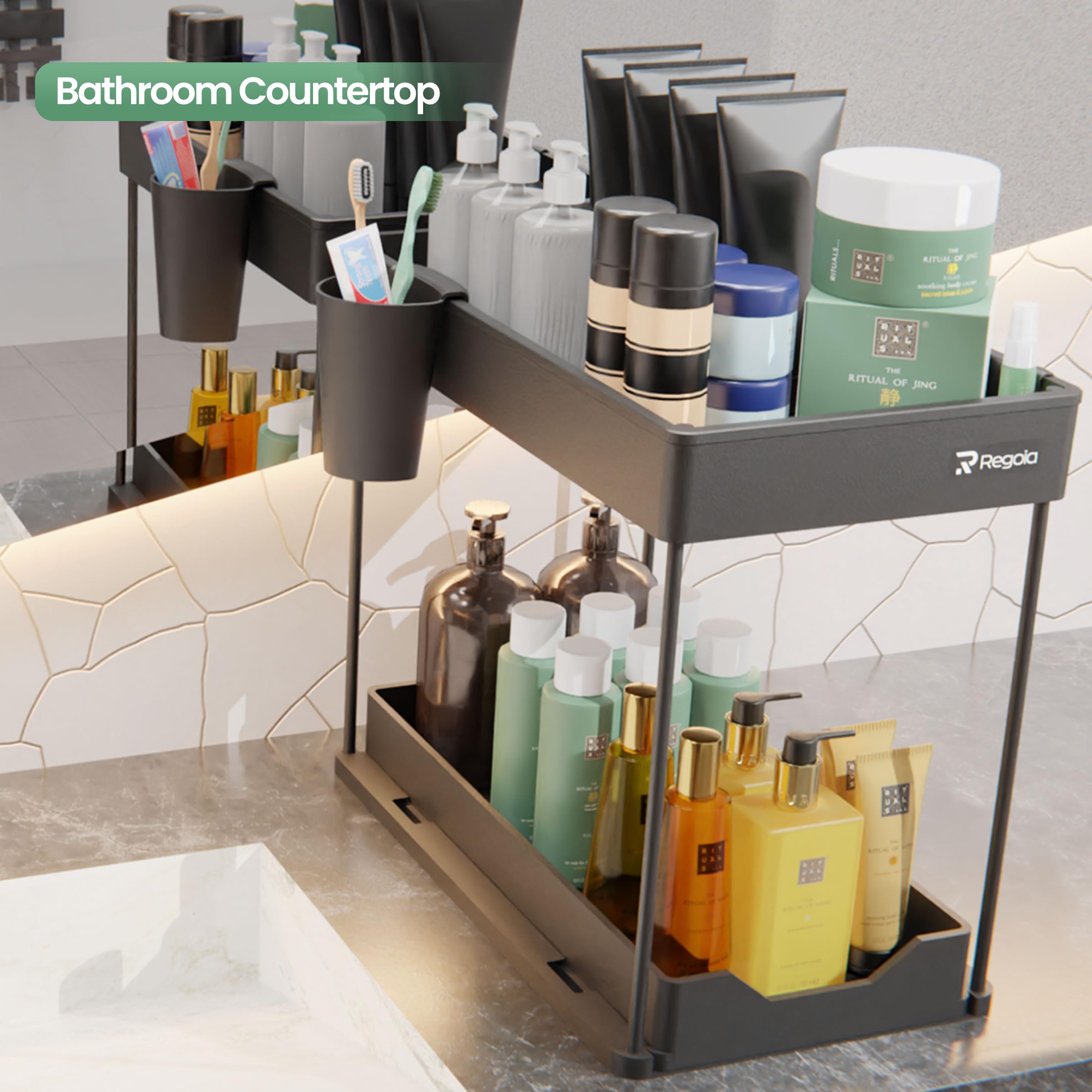Regoia Under Sink Organizer and Storage 2 Pack with 1 Sponge Holder for Kitchen Sink, 2-Tier Sliding Bathroom Organizers and Storage, Kitchen Countertop Organization with Hooks and Hanging Cup, Black