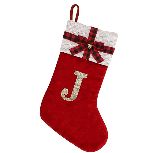 OJCHRLKF 20 Inches Initial Monogram Embroidered Christmas Stocking red Green Velvet with White Knitted Cuffs Christmas Decorations stocking-52-J-Red