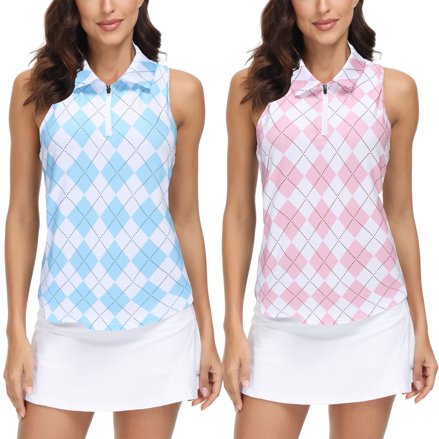 TrendiMax Womens 2 Pack Sleeveless Golf Shirts UPF 50+ Printed Polo Shirt Athletic Workout Tank Tops for Women