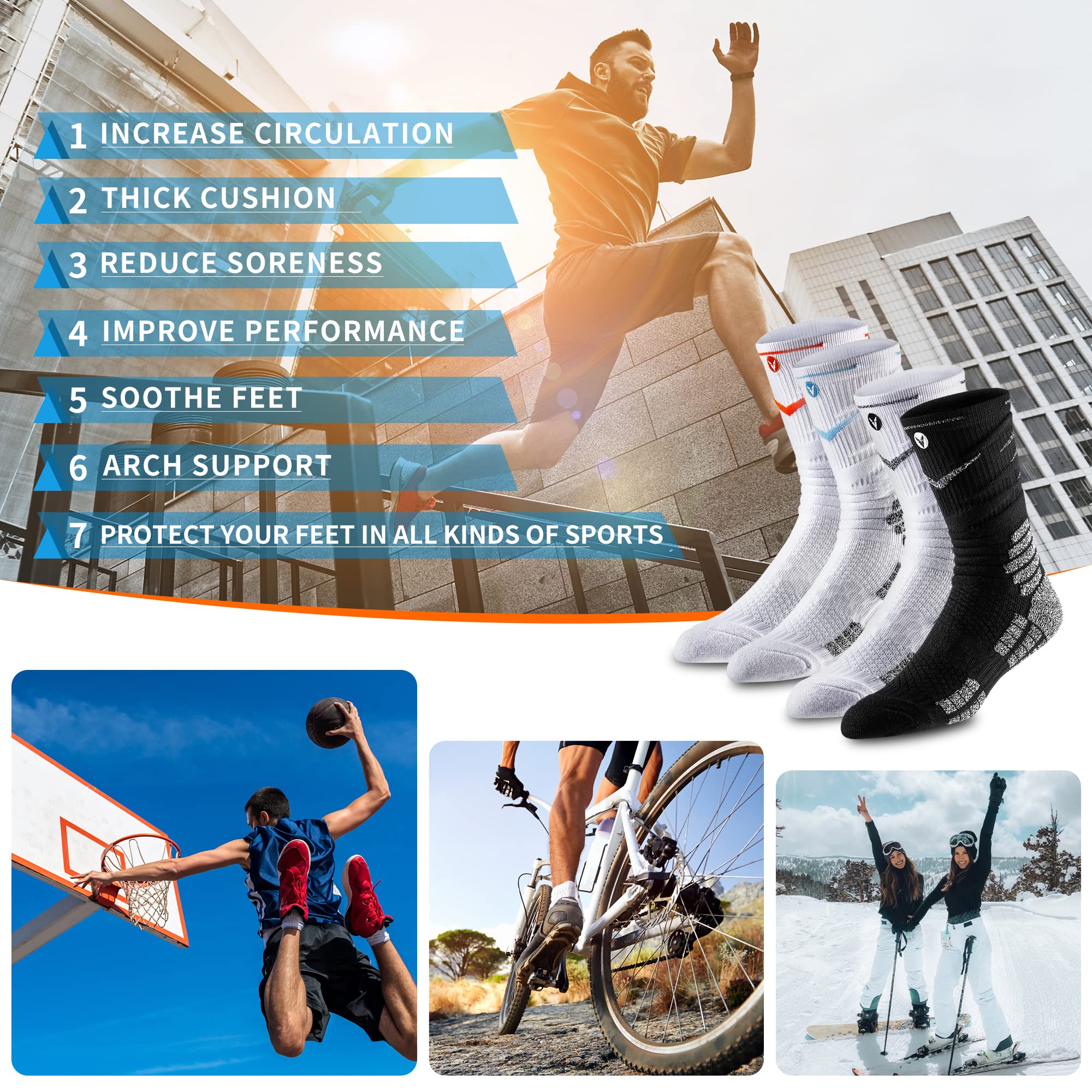Veadoorn 4pack Basketball Socks Cushioned Athletic Crew Socks Thick Compression Sports Socks for Men & Women (pro,L)