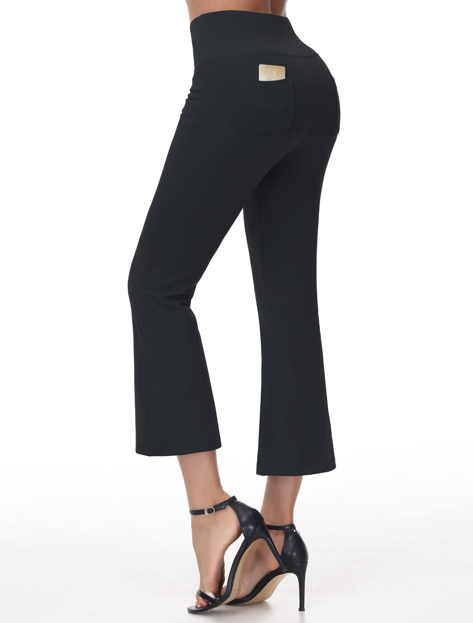 THE GYM PEOPLE Women's Boot Cut Yoga Capris Pants High Stretch Workout Wide Leg Crop Leggings 4 Pockets Black