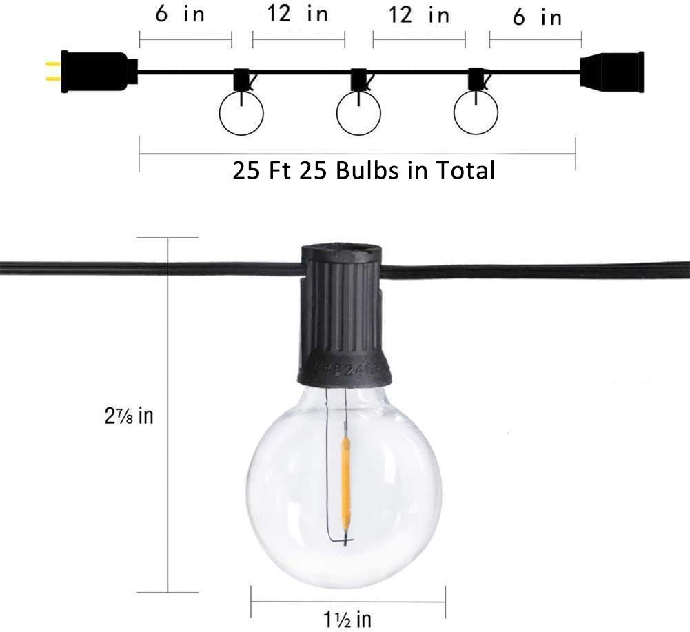 Romasaty 25FT LED Outdoor String Lights, G40 LED Globe Patio String Lights with 27 Shatterproof LED Clear Light Bulbs, Decorative Lighting for Garden Porch Backyard Gazebo Party Decor-Black Wire