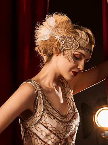 SWEETV Rhinestone Flapper Headband 1920s Headpiece, Great Gatsby Headpiece Flapper Hair Accessories for Women, Light Gold