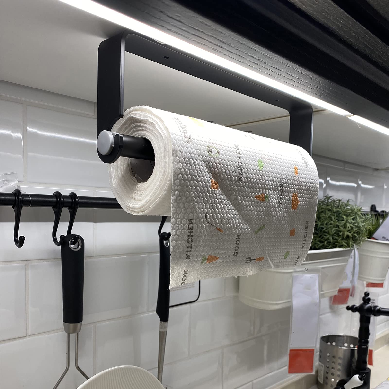 URALFA Under Cabinet Paper Towel Holder Wall Mount, Paper Towel Roll Holder Both Available in Adhesive and Screws, Paper Towel Rack for Kitchen, Bathroom, Pantry, Sink (Black)