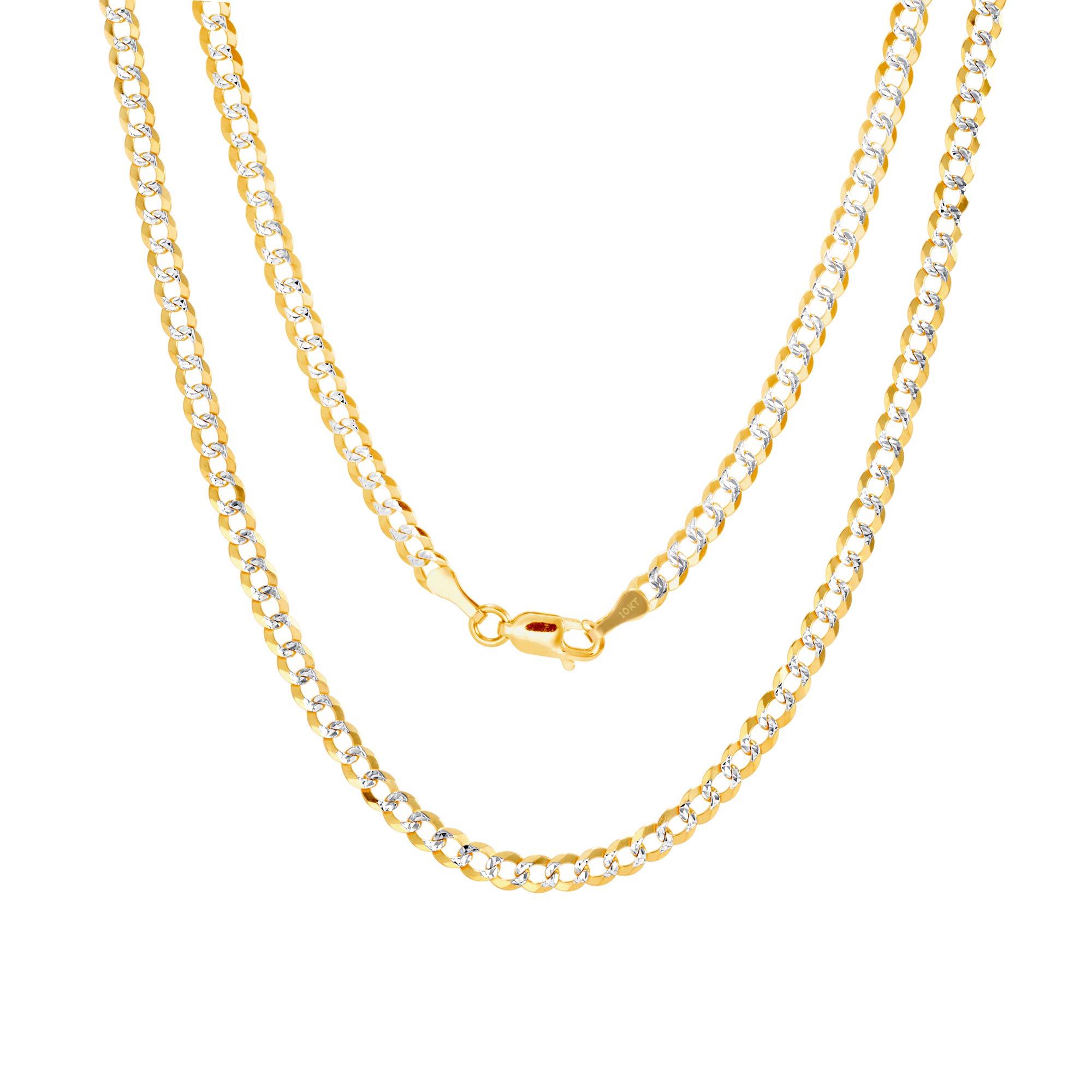 Nuragold 10k Yellow Gold Solid 4mm Cuban Chain Curb Link Diamond Cut Pave Two Tone Bracelet, Womens Mens Jewelry 7" 7.5" 8" 8.5" 9"