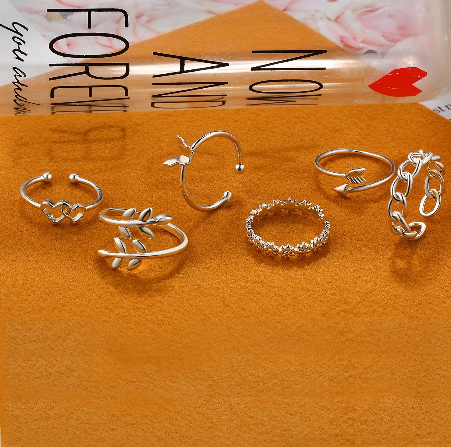 TOBENY 12PCS Adjustable Open Rings for Women 14K Gold Silver Plated Knot Arrow Heart Wave Butterfly Stackable Thumb Knuckle Rings Set
