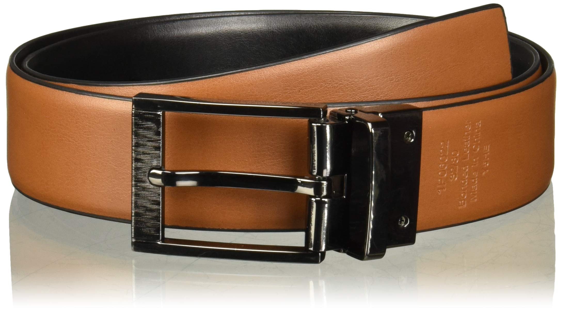 Perry Ellis Portfolio Feather Edge Leather Men's Belt, Reversible with Etched Buckle, Soft Touch Material (Sizes 30-54 Inches Big & Tall), Black / Brown Reversible, 36
