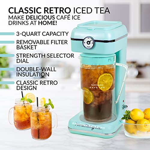 Nostalgia CLIT3PLSAQ Classic Retro 3-Quart Iced Tea & Coffee Brewing System With Double-Insulated Pitcher, Auto Shut-Off, Perfect For Cold Lattes, Lemonade Flavored Water,Includes Reusable Filter,Aqua