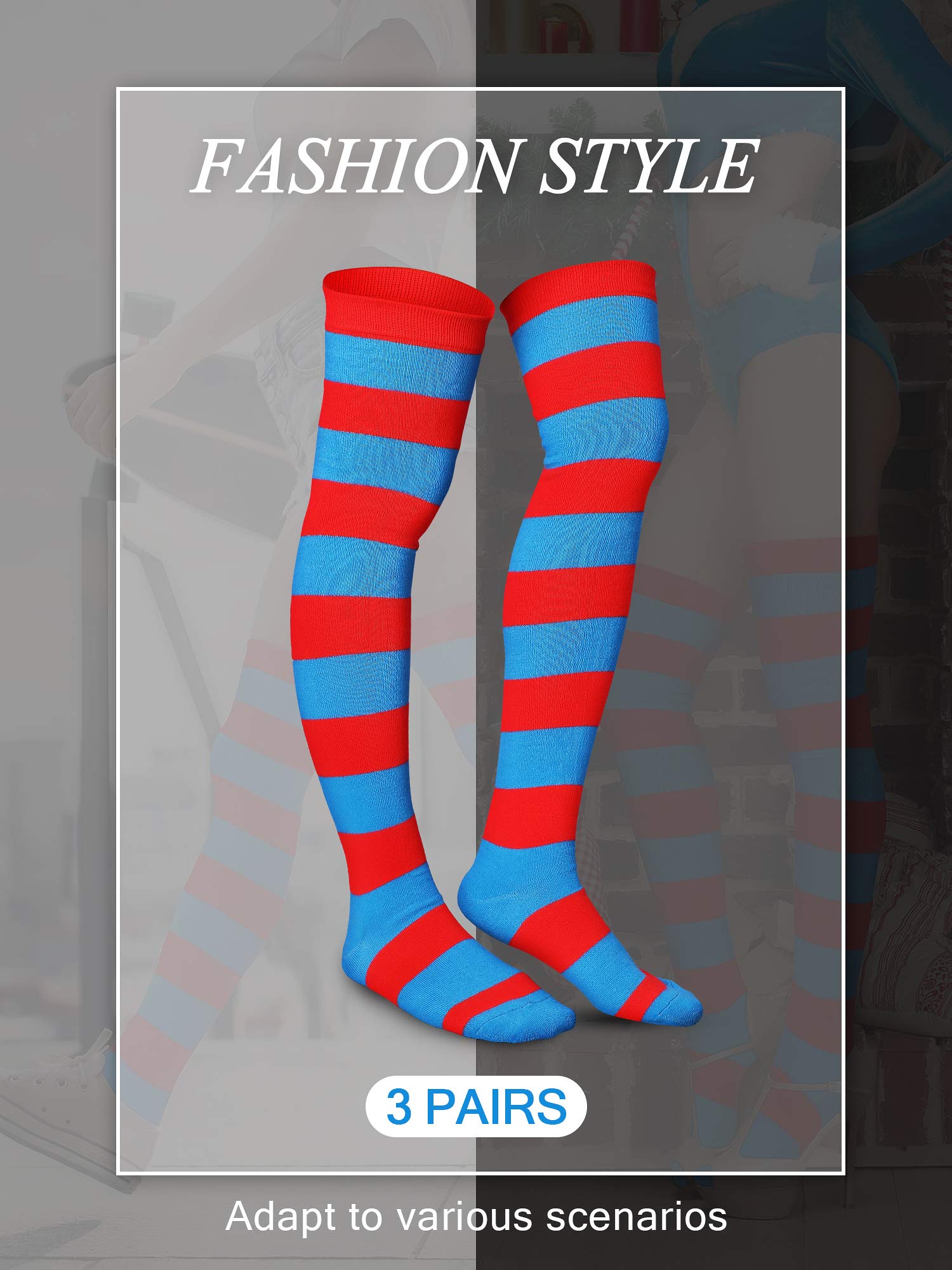 SATINIOR 3 Pairs Blue and Red Striped Long Knee Thigh High Striped Socks Tight for Women