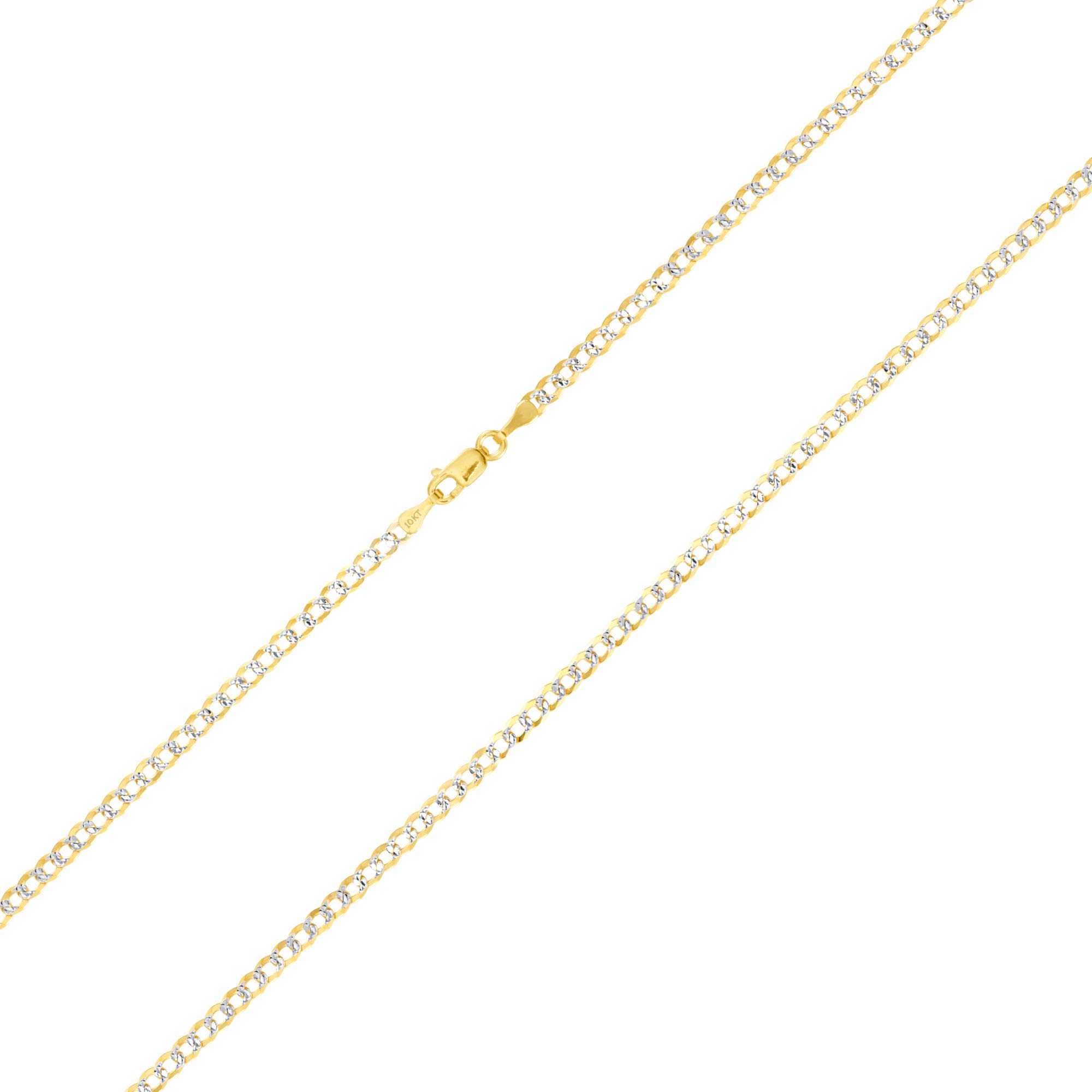 Nuragold 10k Yellow Gold Solid 3mm Cuban Chain Curb Link Diamond Cut Pave Two Tone Pendant Necklace, Mens Womens Jewelry 16" 18" 20" 22" 24" 26" 28" 30"