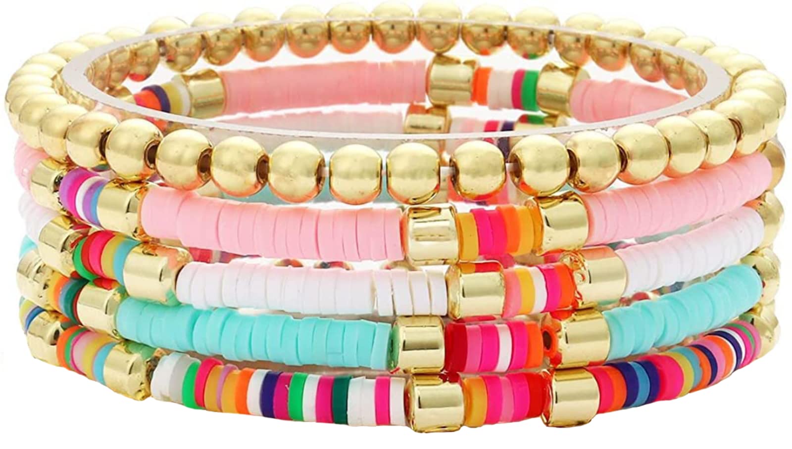 Xiyuekissu Colorful Beaded Bracelet for Women Heishi Bracelet Set Assorted Gold Bead Stackable Stretch Strand Bracelet