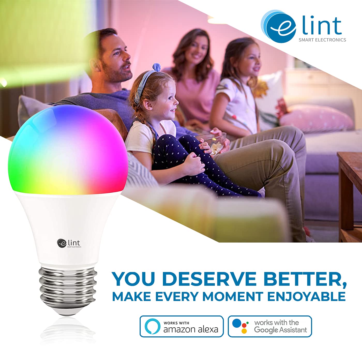 Smart Light Bulbs by Elint, Color Changing Light Bulb Compatible with Alexa and Google, A19, 800lm,2.4 Ghz Only, 2-pack
