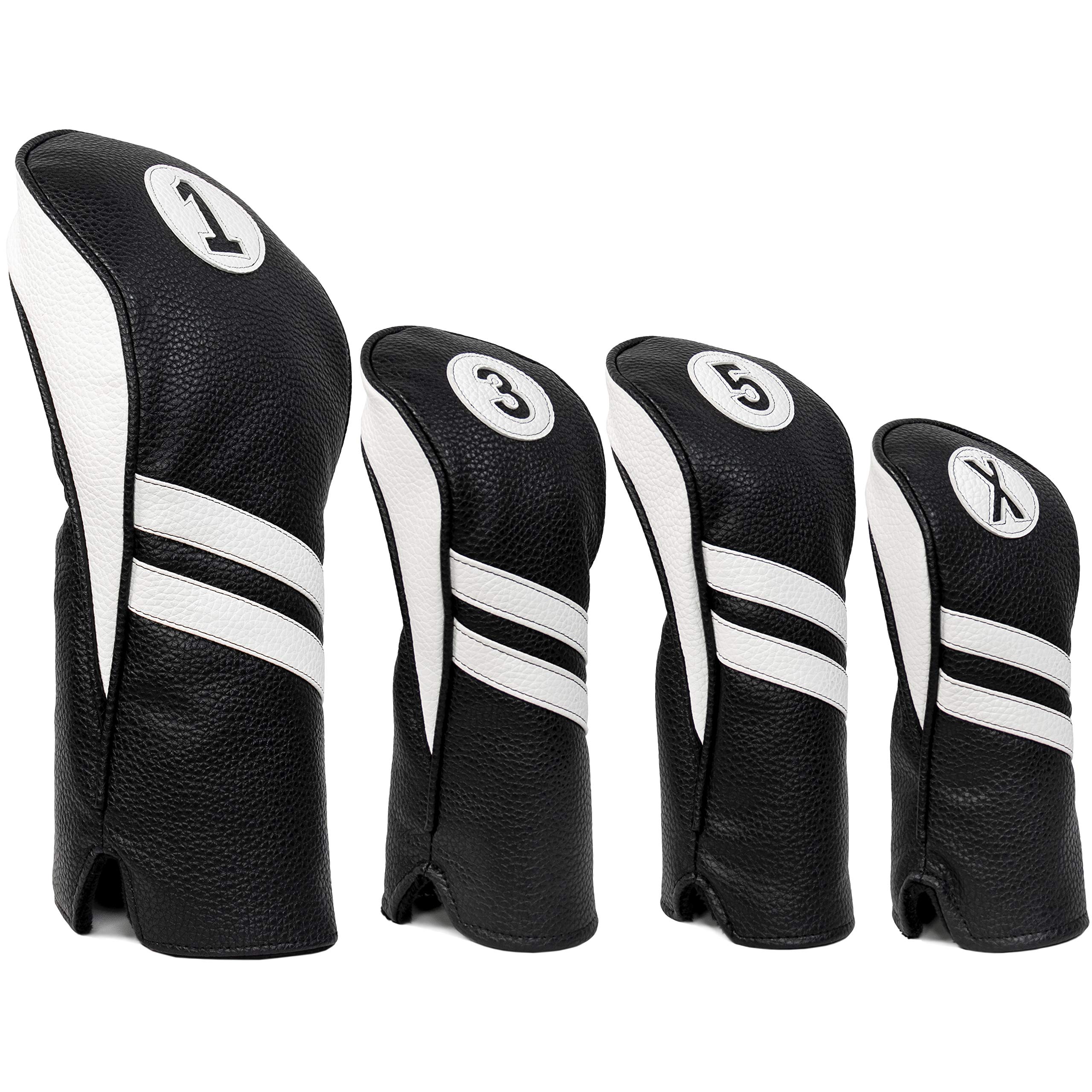 ProActive Sports | Vintage Golf Club Head Covers | for Drivers, Fairway Woods, and Hybrids | Classy Headcovers That Fit Most Clubs | Classic Leather Look | 4-Pack Combo 1, 3, 5, X | Black/White