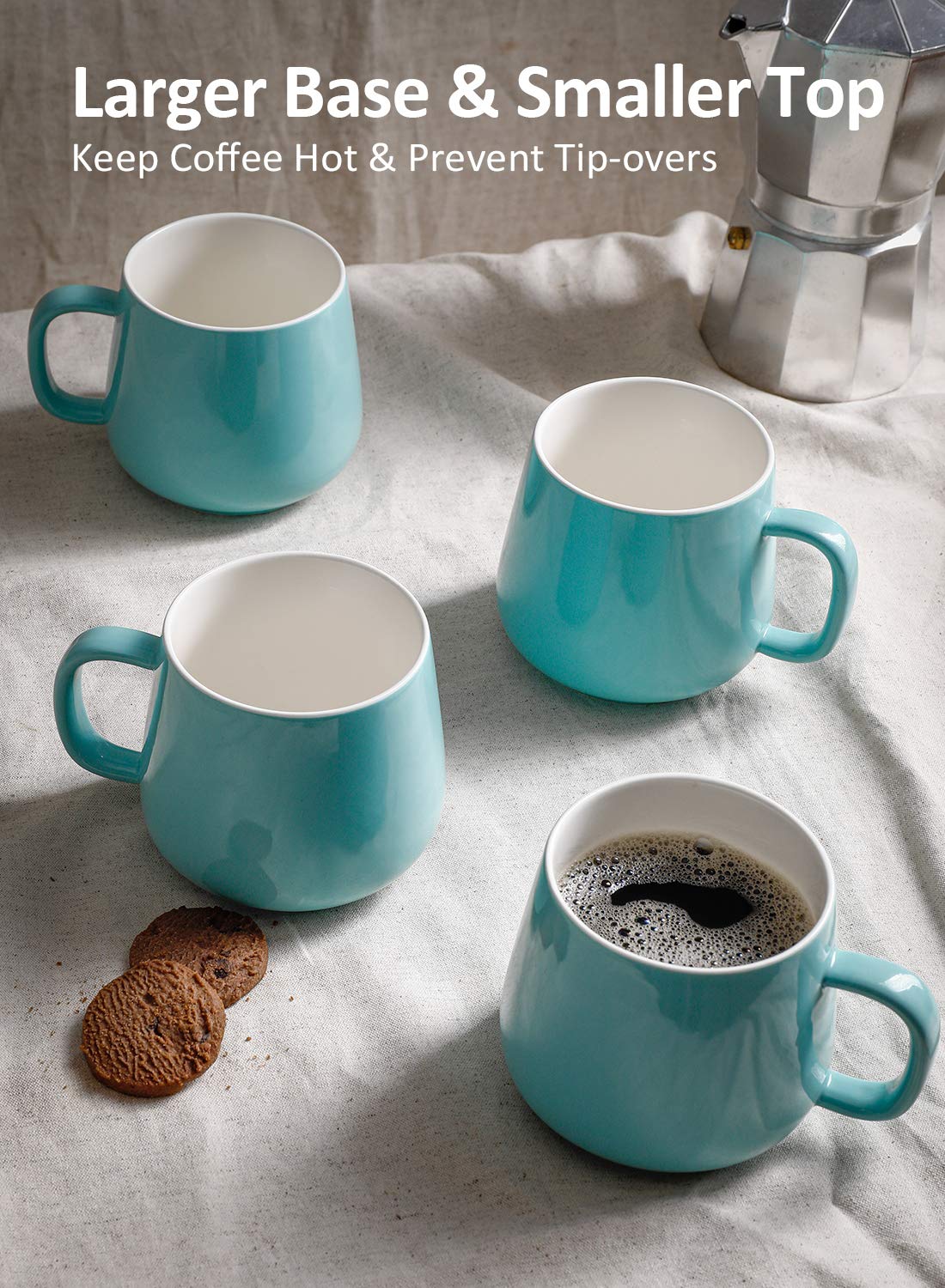 Teocera Porcelain Coffee Mugs Set of 4-12 Ounce Coffee Cups with Handle for Hot or Cold Drinks like Cocoa, Milk, Tea or Water - Smooth Ceramic with Modern Design, Turquoise