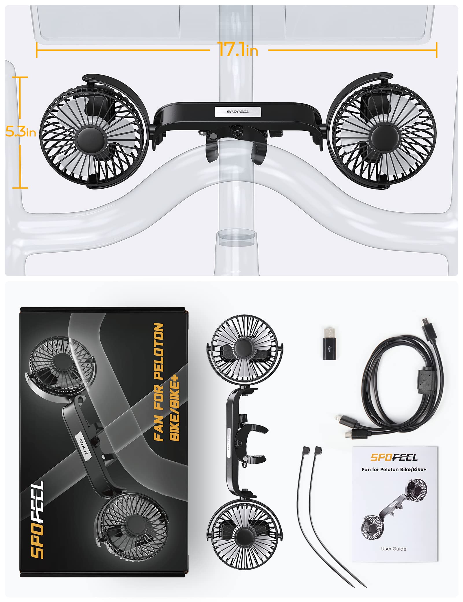 SPOFEEL Dual Fan Kit for Peloton Bike, 360 Rotation, 3 Speed Adjustable, No Charging Required, Black
