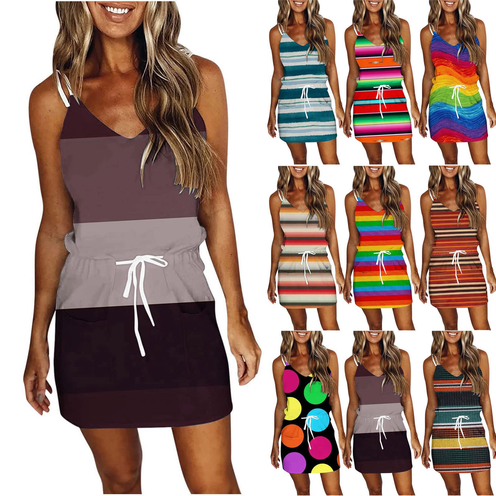 Velvet Women V Neck Stripe Dress Rainbow Mini Dresses Spaghetti Strap Sleeveless Summer Drawstring Tank Party