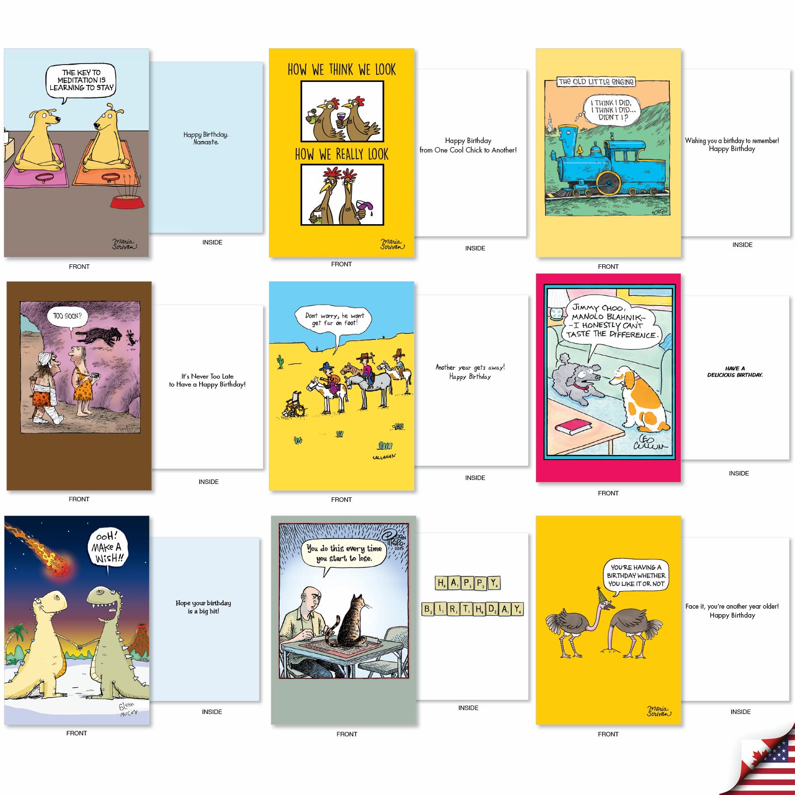 NobleWorks - 36 Assorted Funny Birthday Cards Bulk Box Set with Envelopes (36 Designs, 1 Each) Mixed Humor Greeting Card Variety Pack for Men and Women - Cartoon Party AC9374BDG-B1x36