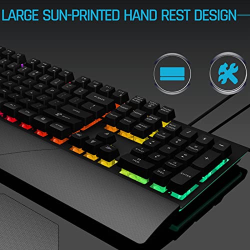 Zyyini Gaming Keyboard, GK60 104 Keys RGB Mechanical Feel Keyboard with Wrist Rest, Good Resilience Keycap, USB Waterproof Keyboard for PC Computer Gaming Office(GK60 Keyway Black)
