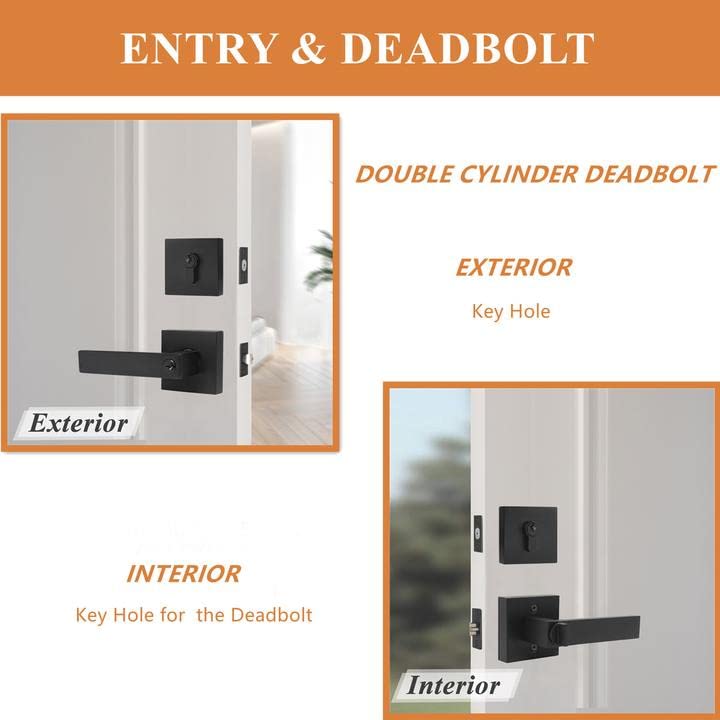 Probrico Square Entrance Lever with Double Cylinder Deadbolt Set Keyed Alike Combo Pack(for Office and Front Door), Heavy Duty Flat Black Entry Door Lockset for Right and Left Side, 1 Pack
