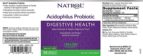 Natrol Acidophilus 100mg Capsules, Unflavored, Purple, 150 Count, Pack of 3