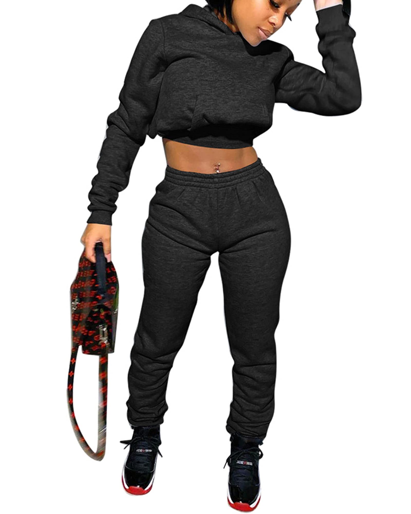 Women 2 Piece Outfits Sets, Long Sleeve Hoodie Crop Top Jogger Pants Sweatsuits Sport Set Black L