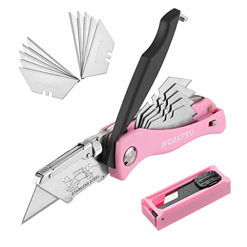 WORKPRO Folding Utility Knife, Quick Change Box Cutter, Pink Razor Knife for Cartons, Cardboard, Boxes with Blade Storage Design, Extra 15 Blades Included - Pink Ribbon