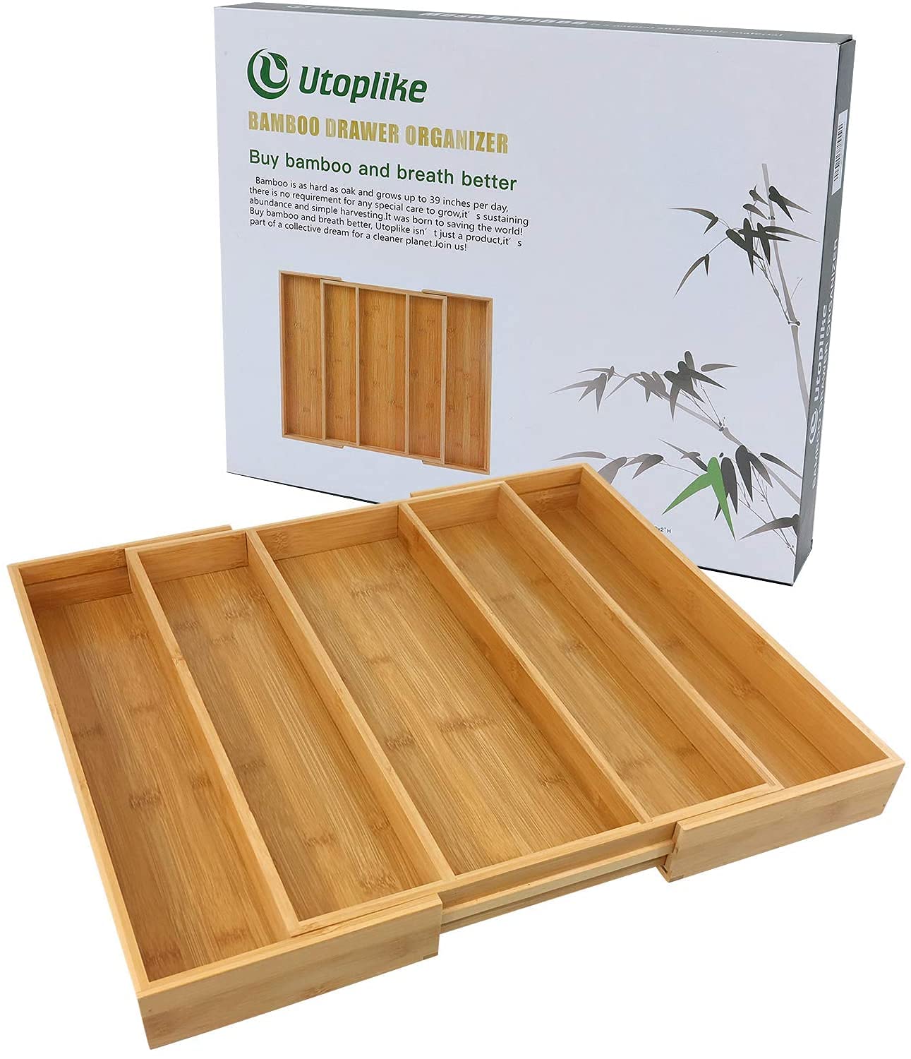 Utoplike 4 pcs Bamboo Kitchen Drawer Dividers and Bamboo Expandable Kitchen Drawer Organizer, Adjustable Utensil Holder Set