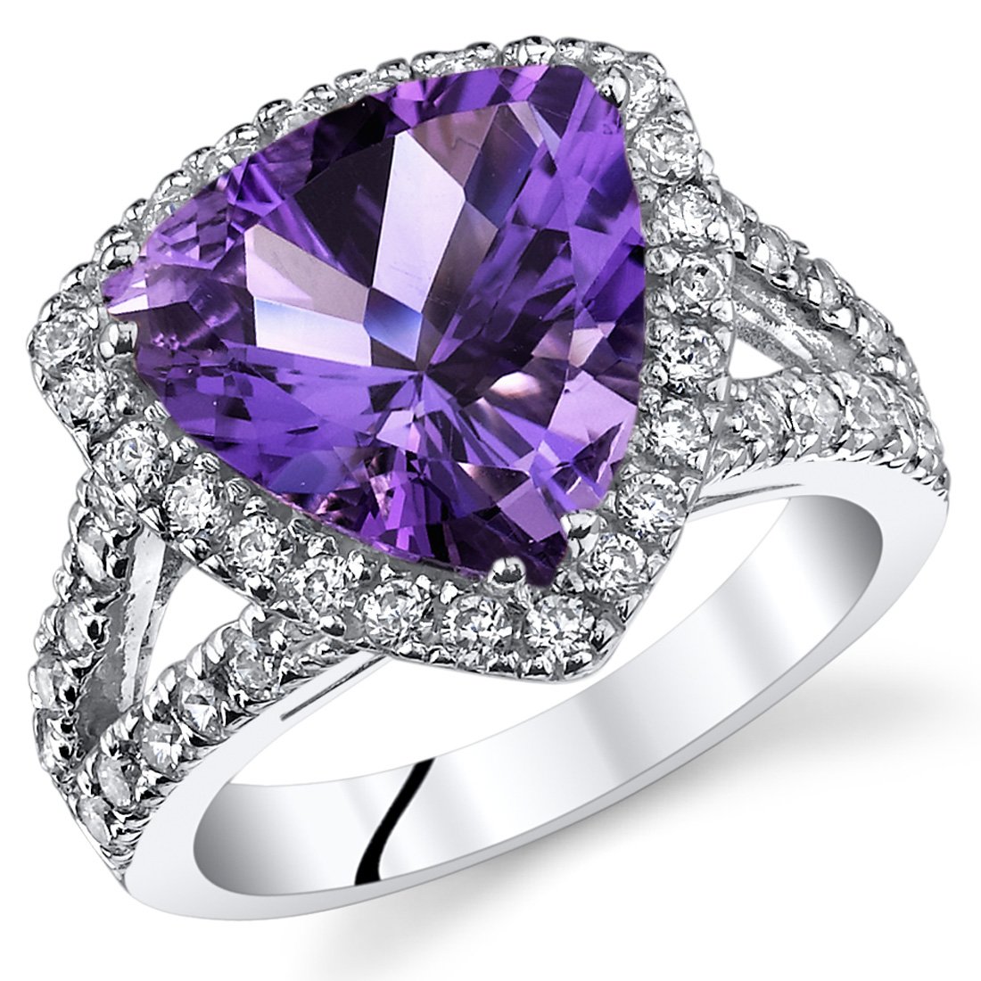 PEORA Amethyst Signature Statement Ring for Women 925 Sterling Silver, Natural Gemstone Birthstone, 3.75 Carats Trillion Cut 11mm, Size 5